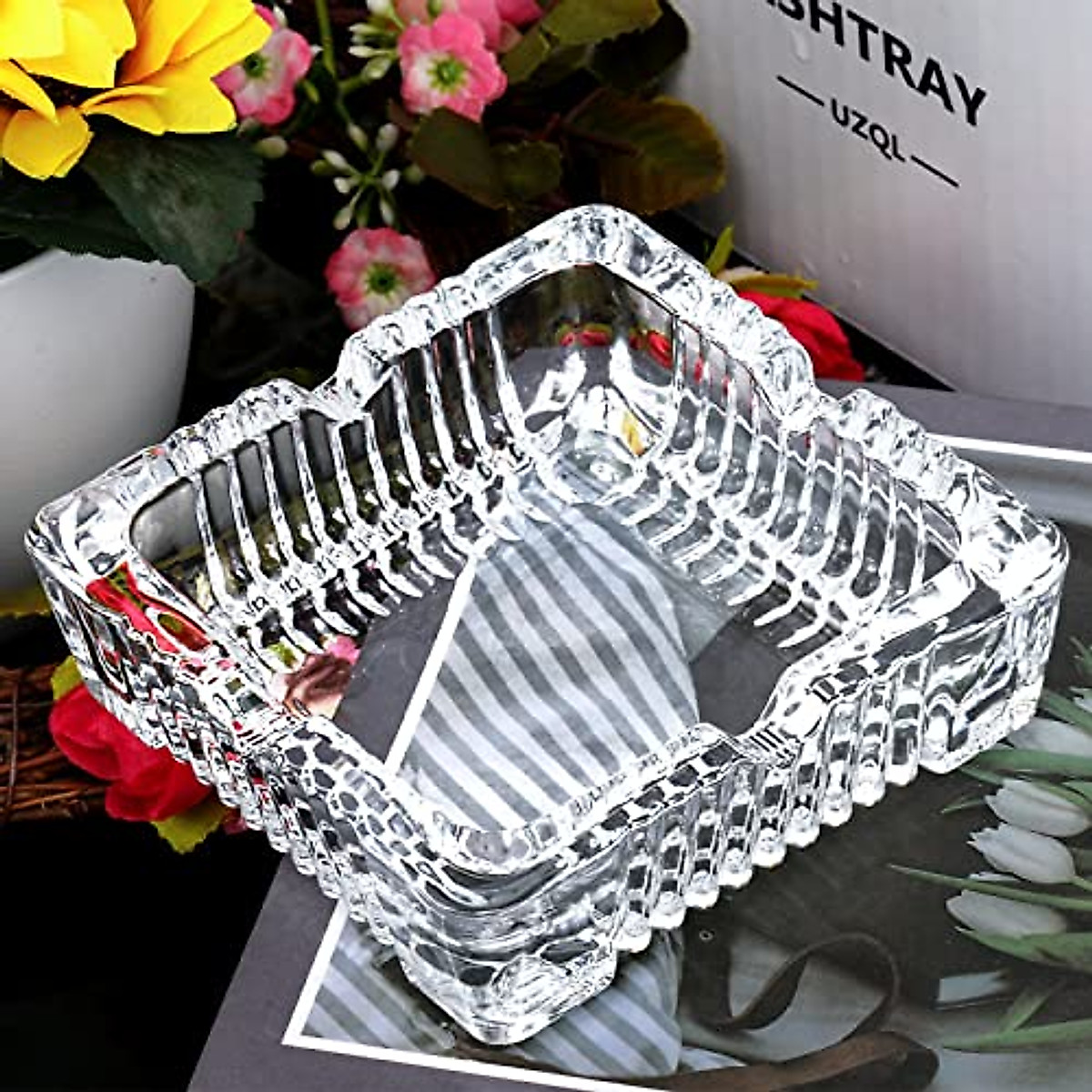 UZQL Ashtray, Glass Ashtray Square Crystal Ashtray, Classic Design Ashtray for Weed, Home Large Ashtrays for Cigarettes Outdoor （4.1 inch）