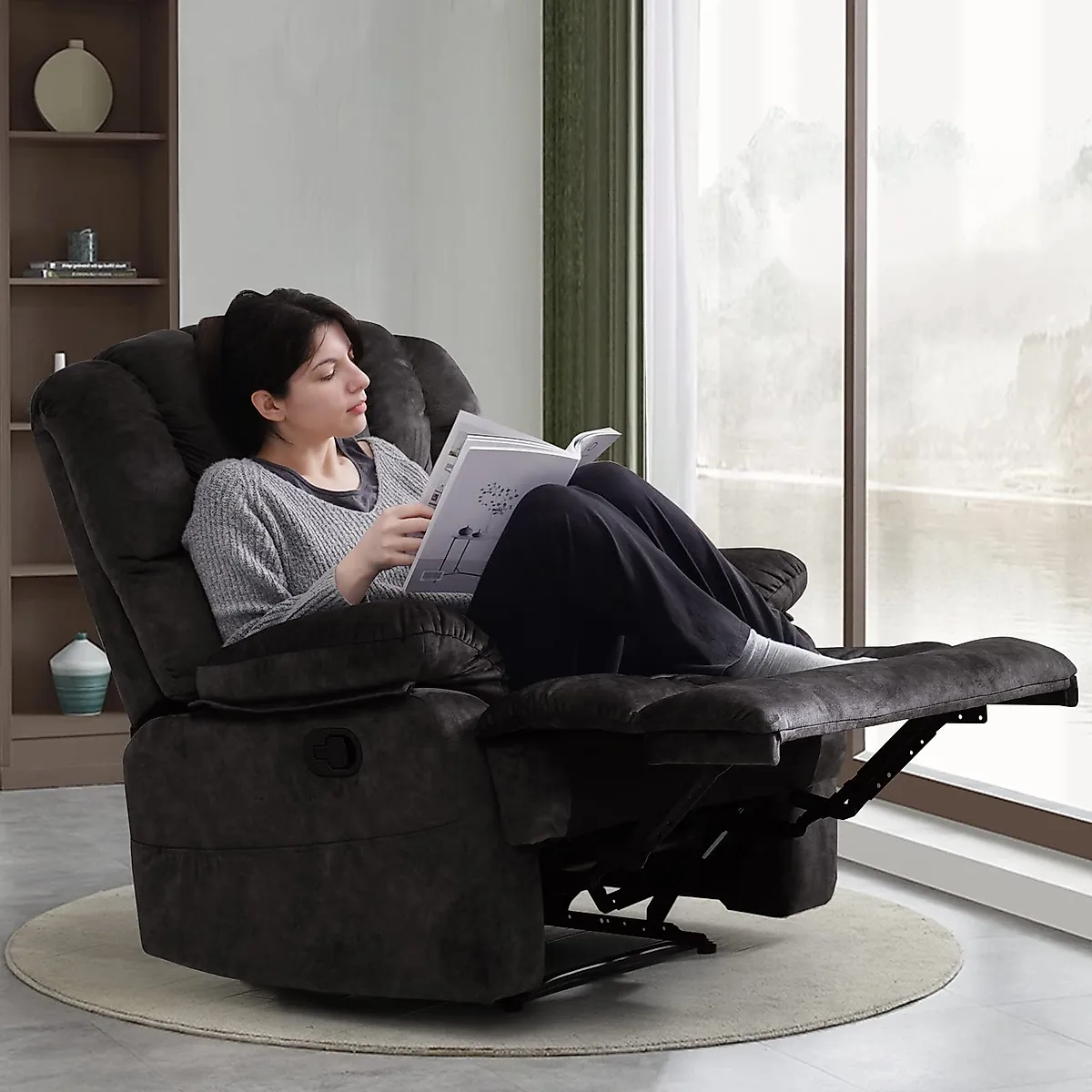 EASELAND Oversized Wide Recliner Chair, Manual Recliner Single Sofa, Soft Fabric Overstuffed Reclining Chair for Living Room, Theater Seating for Big Man (Dark Grey)