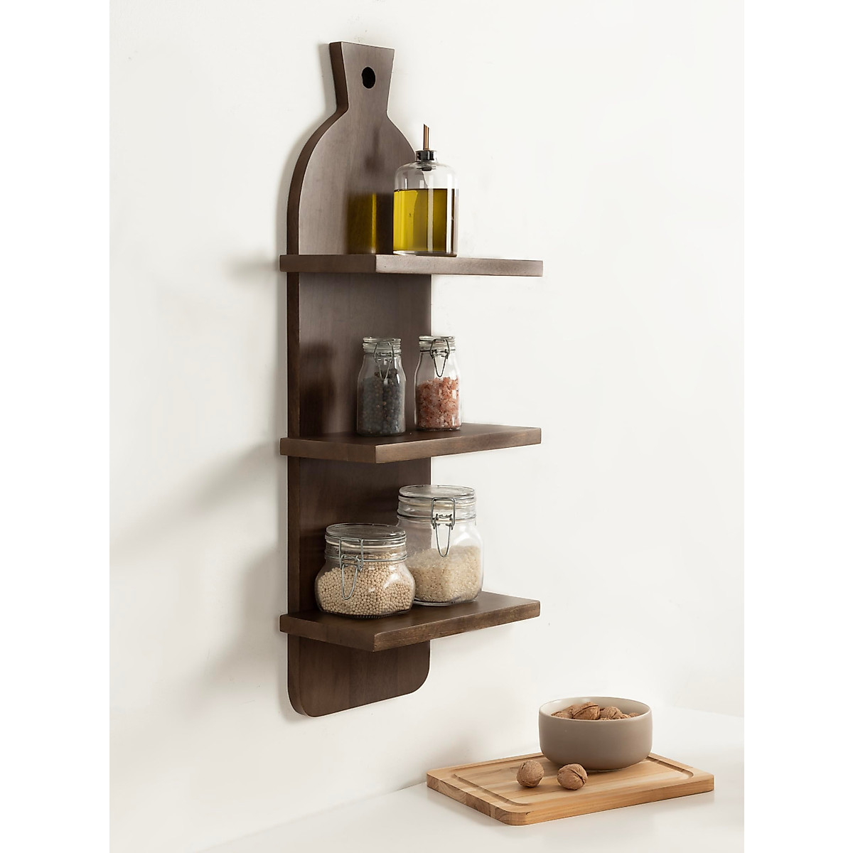 Kate and Laurel Braxton Modern Farmhouse Three-Tier Wall Shelf, 12 x 7 x 32, Natural Brown, Transitional Tiered Wood Display Shelf for Kitchen Spice Rack
