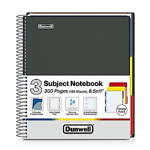 Dunwell 3-Subject Notebook College Ruled - 300 Pages (150 Sheets) Spiral Notebook 8.5 x 11, Tabs, Movable Dividers, Pockets, Dual Poly Covers, Multi Subject Note Book School Supplies