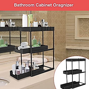 Solesoul 3-Tier Under Sink Organizers and Storage Unit - Bathroom and Kitchen Sink Organizers with 4 Hooks - Multi-Purpose Cabinet Organizer Shelf with Sliding Drawers - Black- White- Gray (Black)