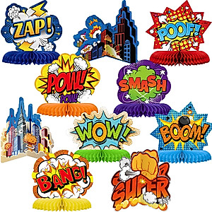 10 Pieces Hero Themed Party Decorations Honeycomb Centerpieces Action Sign Table Topper Sign Standing Cards for Birthday Party Baby Shower Decor Supplies