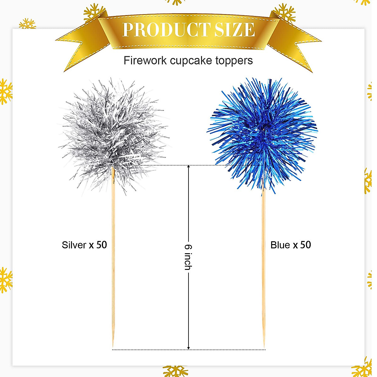 Chinco 100 Pcs Foil Firework Cupcake Toppers Sparkle Tinsel Cake Toppers Cake Decoration Cocktail Fruit Toothpick for Birthday Wedding Graduation Party(Silver, Blue)