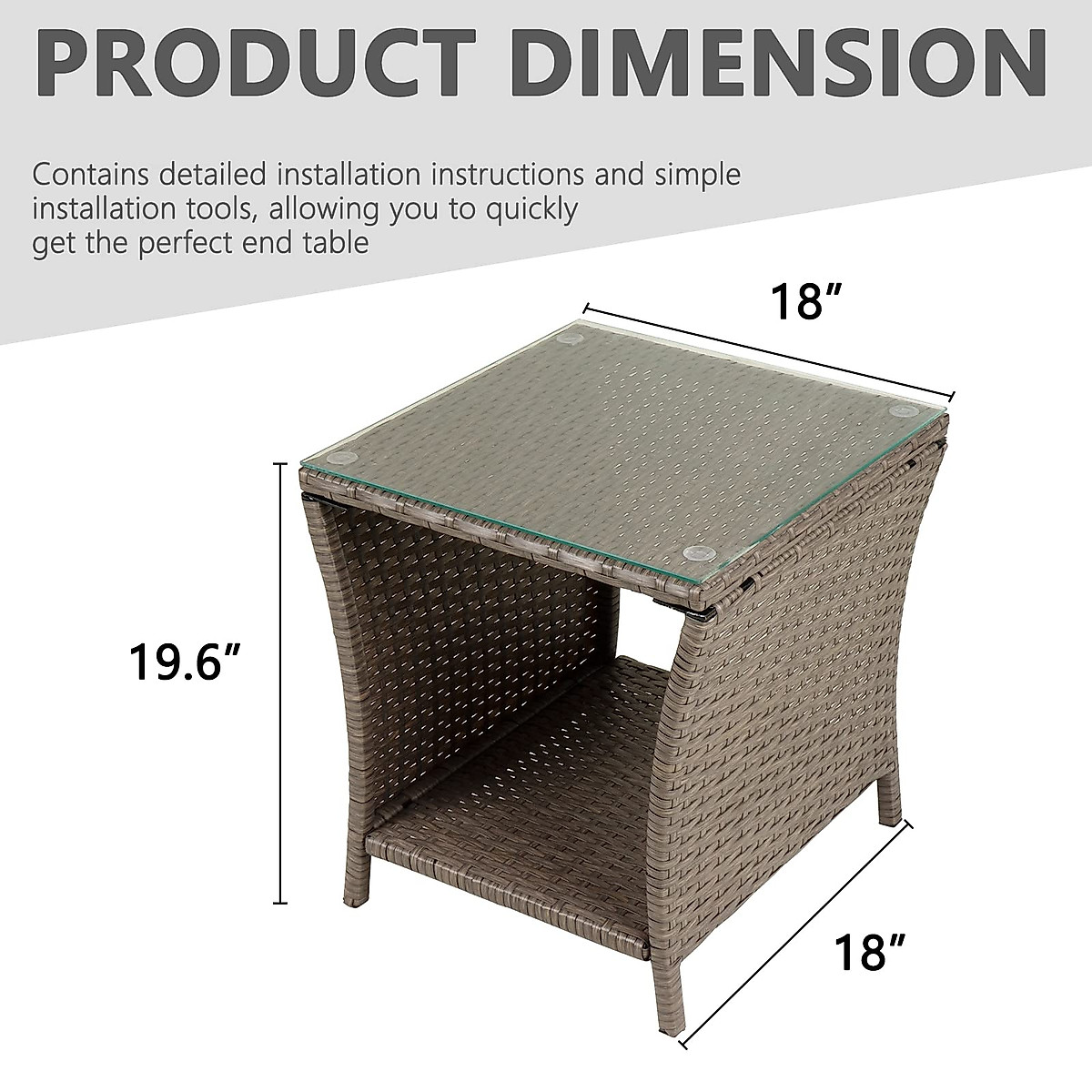 PHIKOOVA Outdoor Wicker Side Table Patio Coffee Table Wicker Bistro End Table Outdoor Square Tempered Glass Top End Table All Weather Metal Rattan Furniture Table with Storage,Light Brown