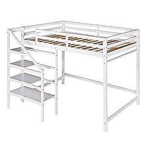 Harper & Bright Designs Full Size Loft Bed with Stairs and Hanging Rod, Wooden Full Loft Bed Frame with Storage Shelf, High Loft Beds for Kids Boys Girls Teens Dorm Bedroom (Full, White)
