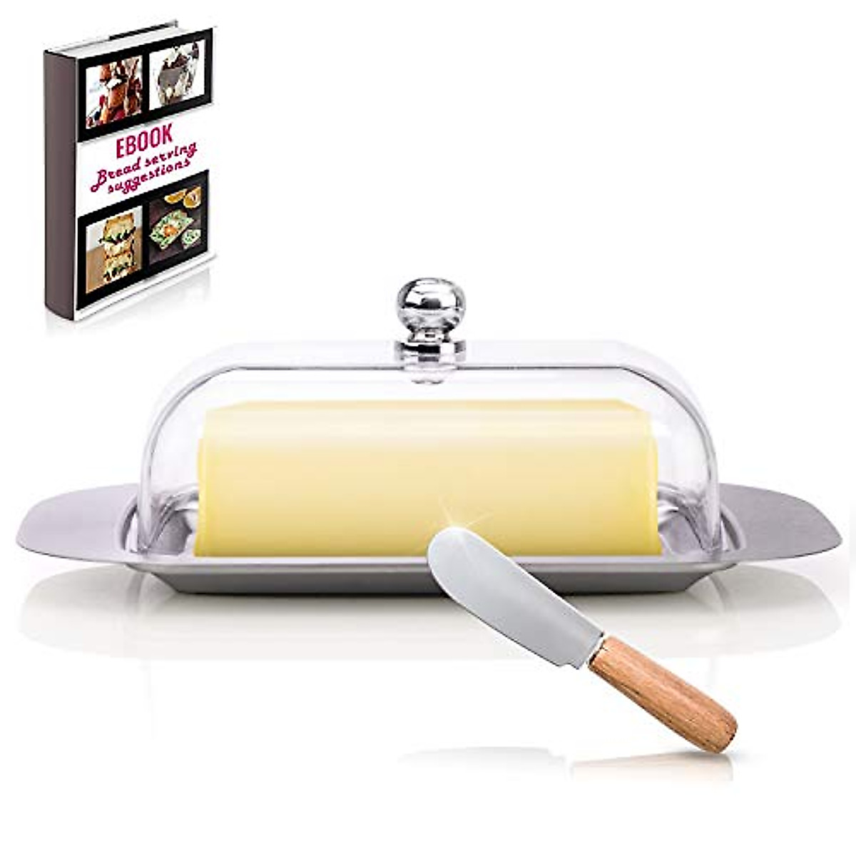 ALL GREEN Butter Dish with Lidand Knife Stainless-Steel Metal Saucer with Unbreakable Clear Plastic Lid Covered Butter Dish. Deluxe Butter Keeper, Container and Spreading Knife (clear).