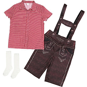 German Bavarian Oktoberfest Costume, Kids Toddler Boys Oktoberfest Costume Lederhosen Shorts German Bavarian Set Halloween Dirndl Beer Festival Dress Up Outfit Photoshoot Birthday Red 8-10 Years