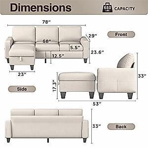 Sunrise Coast Sectional L-Shaped Sofa Modern Linen Fabric 3-Seat Couch with Convertible Storage Ottoman Beige Living Room Furniture Set for Apartment Loft Small Spaces