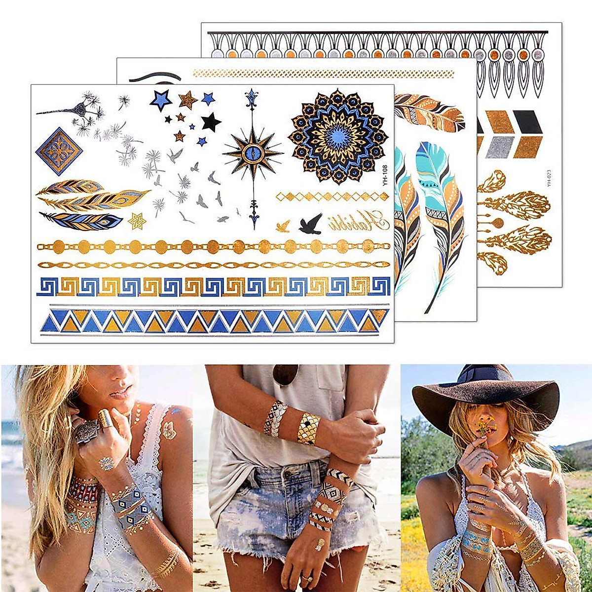 Metallic Temporary Tattoos 120+ for Women Teens Girls Tattoos Gold Silver Glitter Flash Waterproof Tattoo Stickers for Beach, Festivals, & Parties