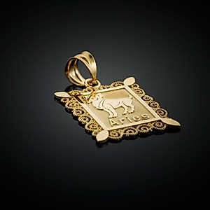 Fine 14k Yellow Gold Filigree-Style Rectangular Frame Aries Zodiac Sign Pendant Necklace, 20"