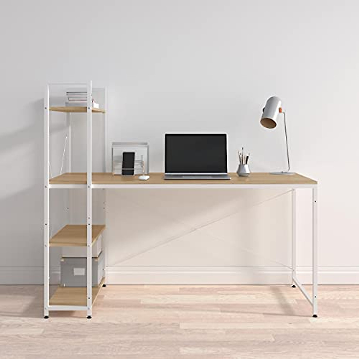 Ames 55" Reversible Gaming Computer Desk with Adjustable Shelves, Home Office Desk, Grommet Cable-Management, Leveler Feet, Easy Assembly, White/White Oak