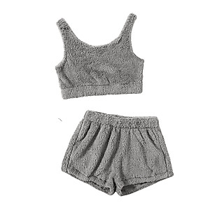 Verdusa Women's Fuzzy Pajamas Set Loungewear Crop Tank Top and Shorts Sleepwear Grey L