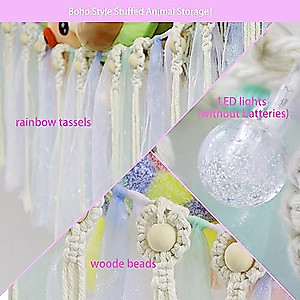 GSZTTKX Stuffed Animal Hammock,Macrame Large Toy Net Hanging for Stuffed Animals Storage Organizer Wall Corner,Boho Plush Stuffed Animal Holder Children Room Nursery Decor (with Light,Beads,White)