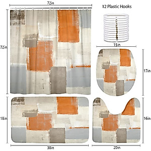 LOKMU 4 Pcs Shower Curtain Sets with Non-Slip Rugs, Toilet Lid Cover and Bath Mat,Gray Beige and Orange Abstract Brown White Waterproof Shower Curtain with 12 Hooks, Bathroom Decor Sets, 72" x 72"