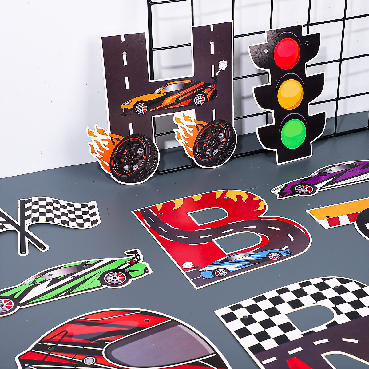 Set of 5 Race Car Party Banners Happy Birthday Paper String Banners Car Theme Garlands Banners Checkered Flag Pennants for Birthday Party Supplies Photo Props Baby Shower Wall Decor