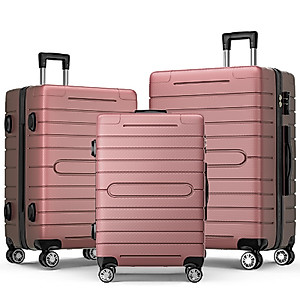 Fujampe 3 Piece Luggage Set, Lightweight Pink Hardshell Luggage Sets with Spinner Wheels & TSA Lock, Carry on Suitcase 3 Piece Sets 20''/24''/28'' (Rose Gold)