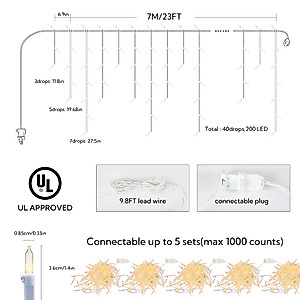 BEEWIN 200 Christmas Icicle Lights, Warm White Clear Bulbs with 23FT Long White Wire, Professional Grade String Lights for Indoor & Outdoor,Xmas,Party, Patio, Courtyard, Window, Fence, Trees Decor