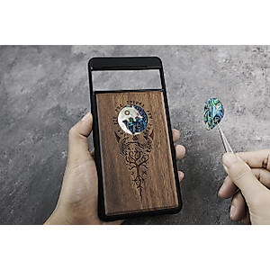Carveit Hand-inlaid Wooden Case for Google Pixel 7 Pro, (Yinyang Wolf Engraved on Walnut) Compatible with QI Wireless Charging