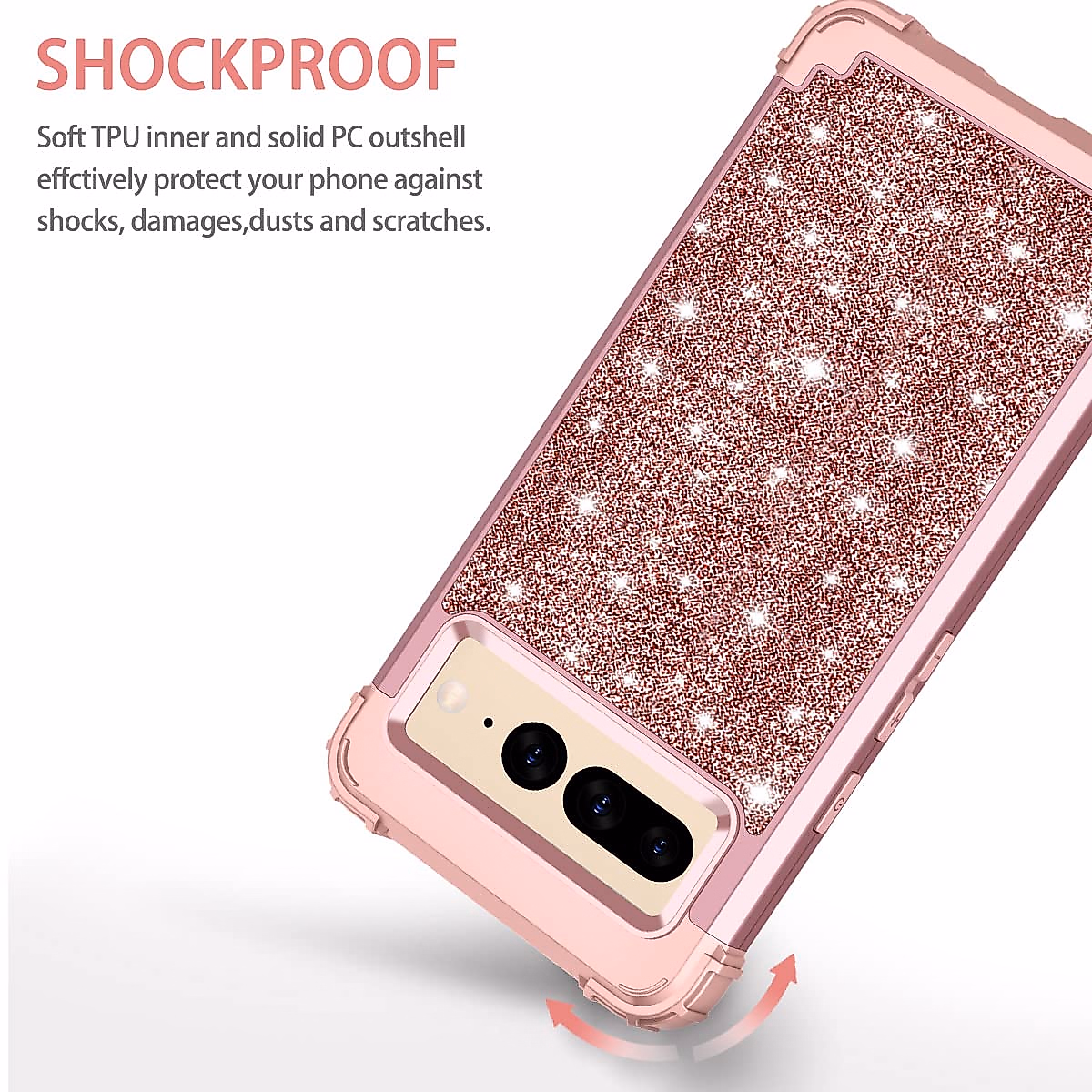 LONTECT for Google Pixel 7 Pro Case Glitter Sparkly Bling Shockproof Heavy Duty Hybrid Sturdy Drop Protective Cover Women Girl Case for Google Pixel 7 Pro 2022,Shiny Rose Gold