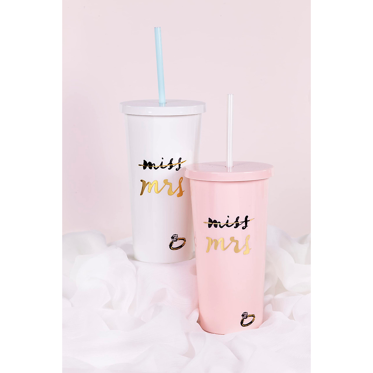 Kate Spade New York Bridal Insulated Tumbler with Reusable Straw, 20 Ounces, Miss to Mrs. (White)