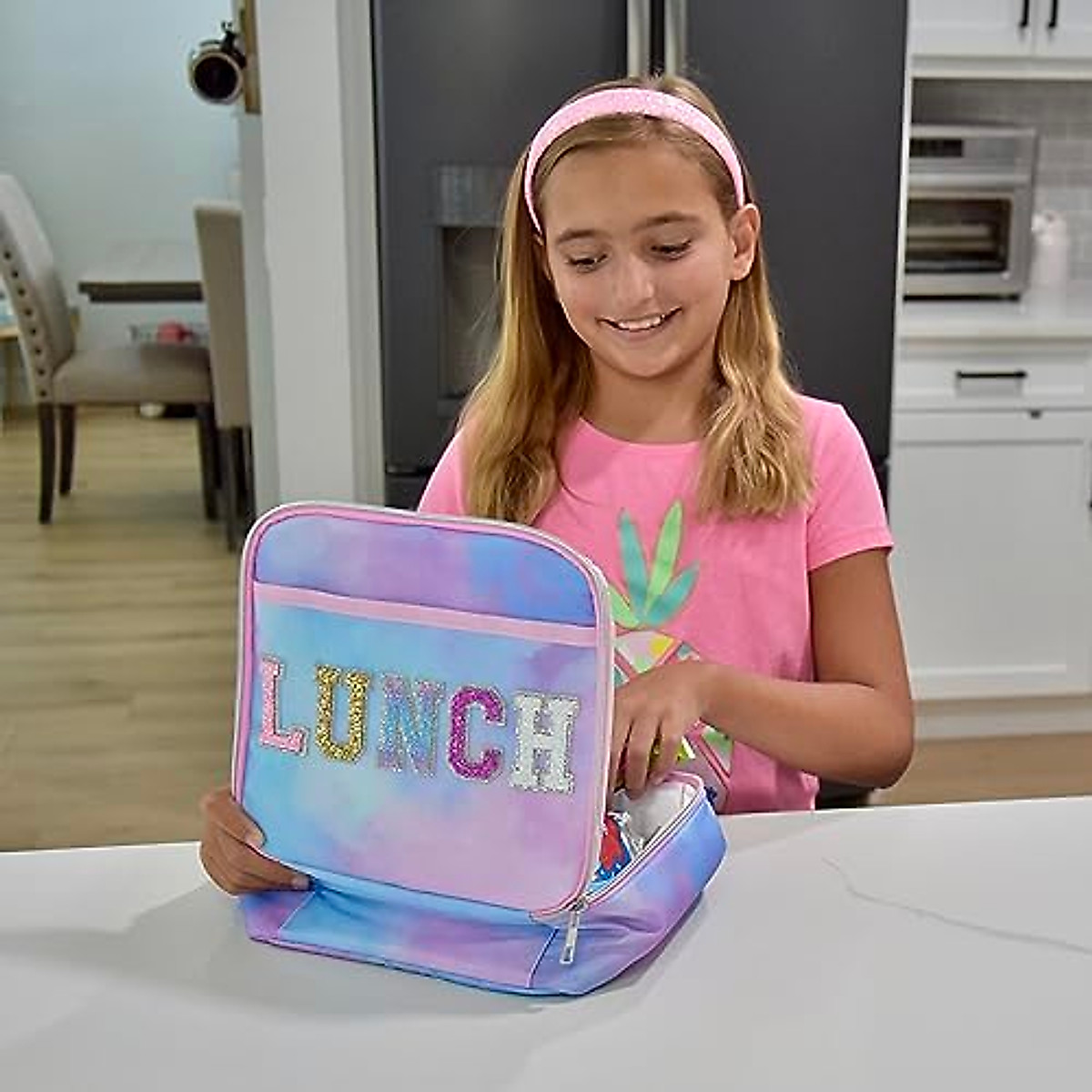 FROG SAC Kids Lunch Bag for Girls, Reusable Insulated Preppy Tie Dye Glitter Varsity Letter Patch Lunch Box, Cute Soft Back to School Tween Lunchbox