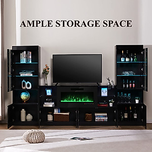 AMERLIFE 3 Piece Modern High Gloss Fireplace TV Stand + Bookcase Set for Living Room Includes 68" TV Stand with 40" Fireplace, 2 X Bookcase Storage Cabinet with Doors & 20 Colors LED Lights, Black