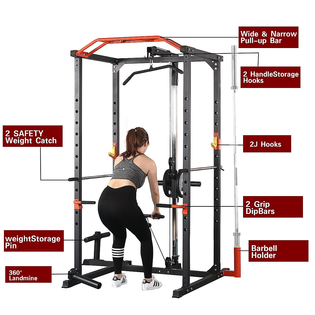 HAUSHECK Power Racks for Home Gym, Adjustable Squat Rαck with Pull Up Bar, J-Hooks, Dip Handles, 1400lbs Multi-Function Powēr Cage with Training Attachment, Orange