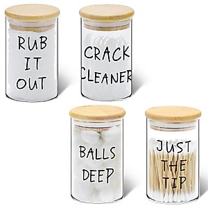 FyndraX Bathroom Organizer Holder Jars Set of 4, Funny Decor Qtip Glass Canister Containers for Guest Room, Restroom and Washroom Storage of Cotton Ball, Cotton Swab, Cotton Round Pads, Floss