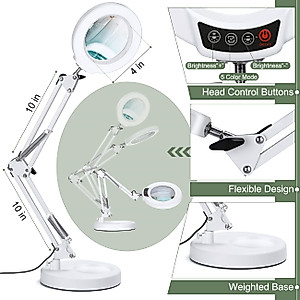 Krstlv 10X Magnifying Glass with Light and Stand, Upgrade Button 5 Color Modes Stepless Dimmable, 2-in-1 LED Lighted Magnifier Light, Hands Free Desk Lamp with Clamp for Craft Hobby Close Work - White