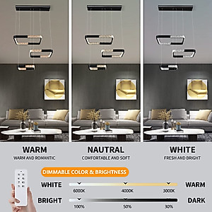 Dimmable Modern 70W LED Crystal Island Light with Remote 3 Color 3000K-6000K Adjustable 3 Black and Gold Square Rings Pendant Lighting for Modern Pendant Light for Dining Room Living Room