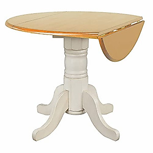 Sunset Trading Oakley Selections 42" Round Extendable Drop Leaf Table | Antique White/Light Oak Solid Wood| Seats 4 | Dining Room Kitchen Furniture