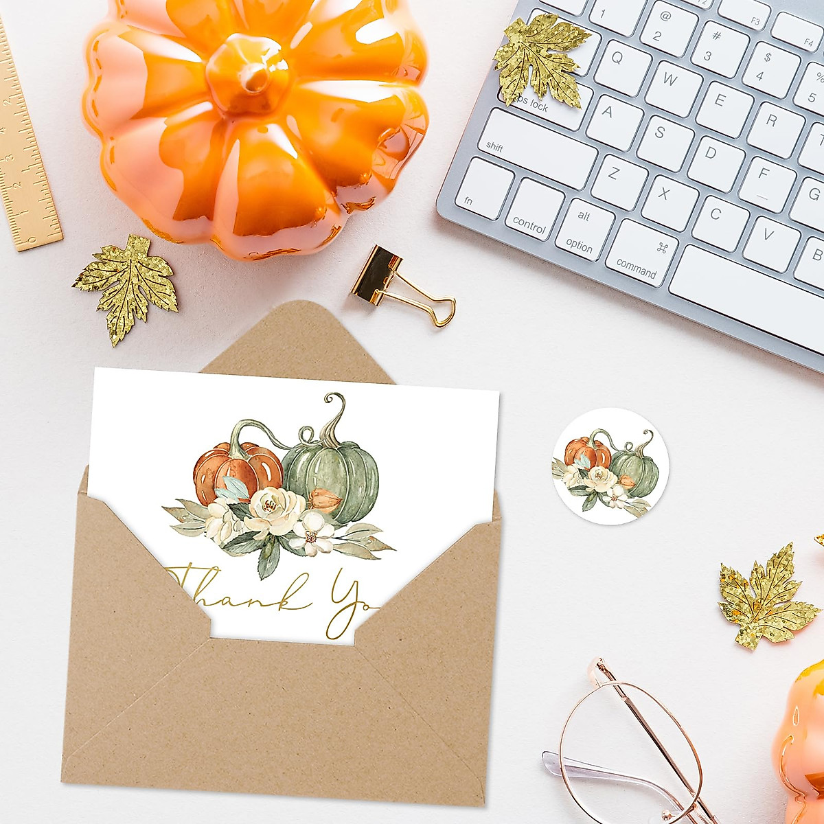 Whaline 32 Packs Fall Pumpkin Gold Foil Thank You Cards Autumn Watercolor Greeting Cards Blank Note Cards with Envelopes and Stickers for Thanksgiving Birthday Baby Shower Party, 4 x 6 Inch