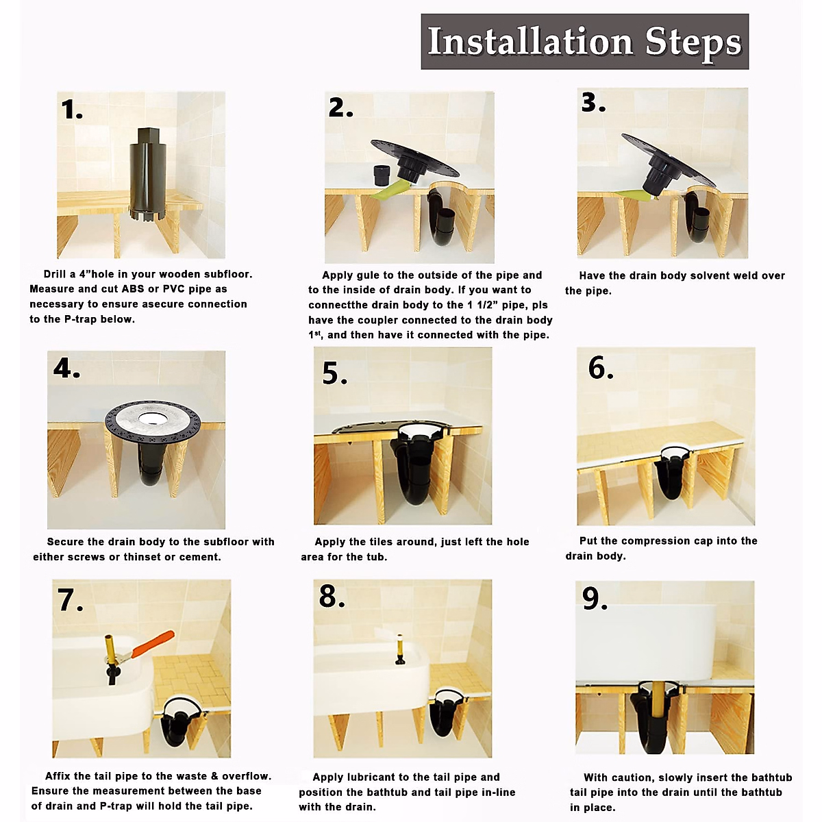 Freestanding Tub Drain Rough-in Kit, 12" Large Base Free standing Bathtub Drains Installation Kits with ABS Adapter and Brass Pipe CUPC Certification