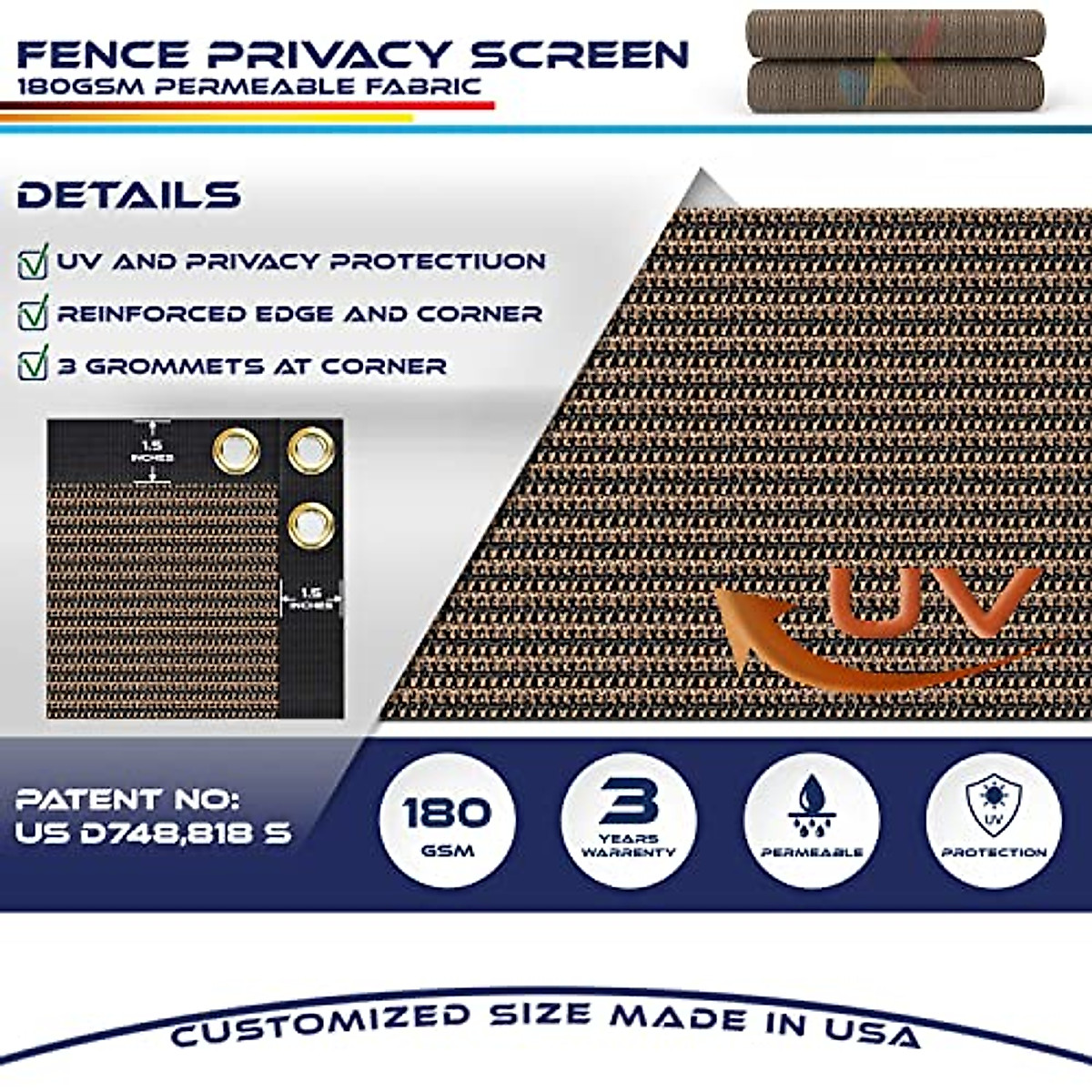 Windscreen4less Fence Privacy Screen 6' x 18', Brown, Heavy Duty Privacy Fencing, Commercial Grade 180 GSM, 95% Privacy Blockage, Mesh Fabric with Brass Gromment - Customized