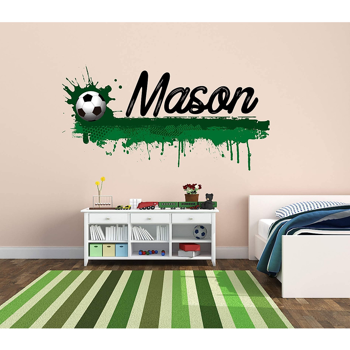 Personalized Name Soccer Ball Wall Decal - Custom Soccer Wall Sticker -Custom Name Soccer Wall Art with Paint on The Wall Effect Wall Decals- Wall Decal for Home Nursery Decor (Wide 40"x23" Height)