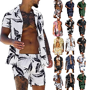 Men 2 Piece Outfit Summer Stylish Casual Hawaiian Tracksuit Graphic Tees Tank Tops Beach Shirts and Shots Sets Pockets A-White