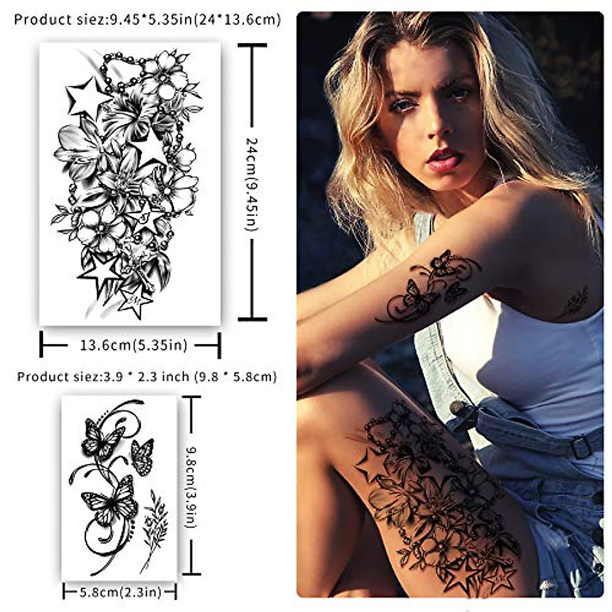 40 sheets Waterproof Temporary Tattoos Flowers Rose Butterfly Fake Tattoo Mix Style Lasting Body Art Tattoo Stickers for Women or Girls