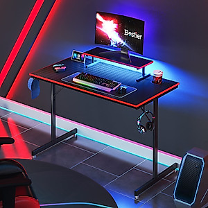 Bestier Gaming Desk with LED Lights 44" Small Computer Desk for Home Office Table with Cup Holder and 2 Headphone Hooks, Black