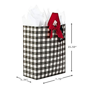 Hallmark 15" Extra Large Christmas Gift Bag with Tissue Paper (Black and White Buffalo Plaid with Red Bow)
