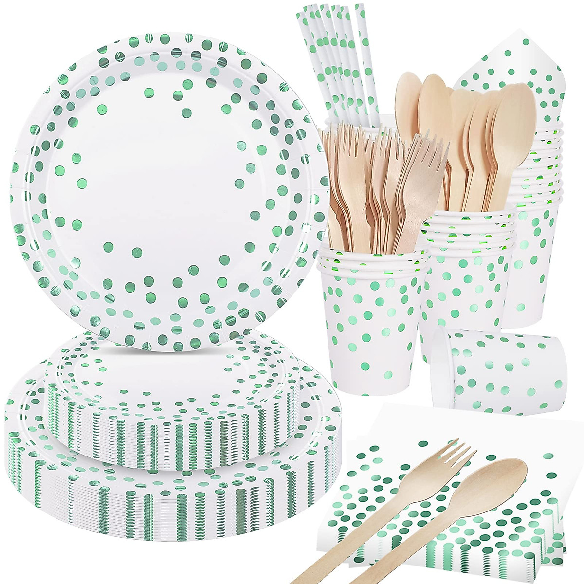 168PCS Green and Gold Party Supplies, Severs 24 Disposable Party Dinnerware Include Paper Party Plates, Cups, Napkins, Straw, Wooden Fork Spoon for Wedding, Birthday Party, Birthday Baby Shower