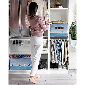 Blue Wide Sea Sailboat Storage Bins, Collapsible Cube Storage Organizer with Handles, Sea Horizon Sky White Clouds Waterproof Clothes Hamper Storage Basket for Toys/Blanket 15"x11"x9.5"