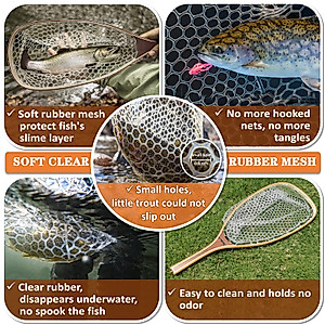 ONROCL Fly Fishing Net Trout Net with Magnetic Release and Rod Holder Wooden Frame Landing Net with Soft Rubber Mesh for Catch and Release (Clear Small Holes)