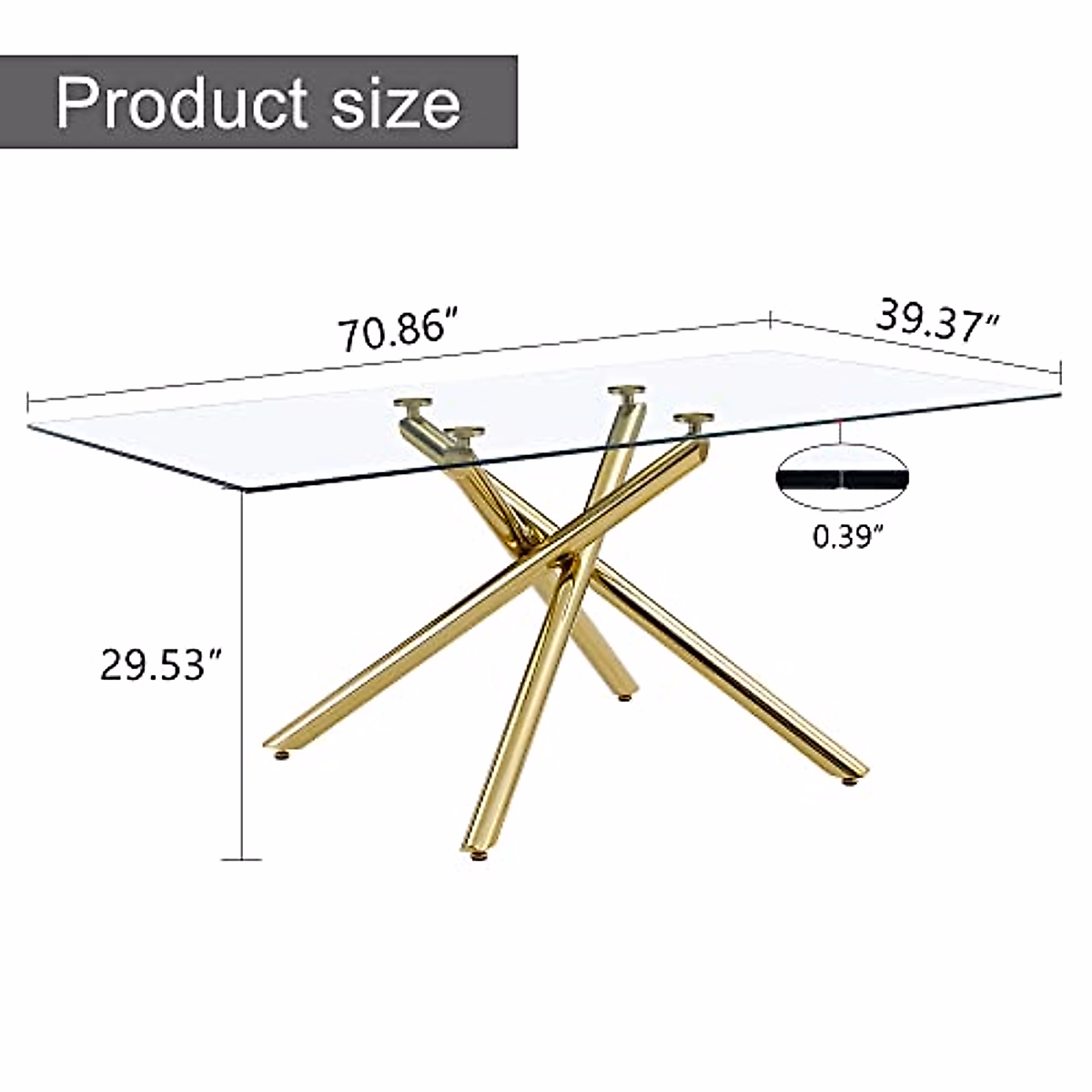 71 inch Glass Dining Table with Clear Rectangular Glass Top, 4 Chrome Golden Legs Modern Rectangular Glass Kitchen Table Furniture for Home Office Kitchen Dining Room, 6-8 People