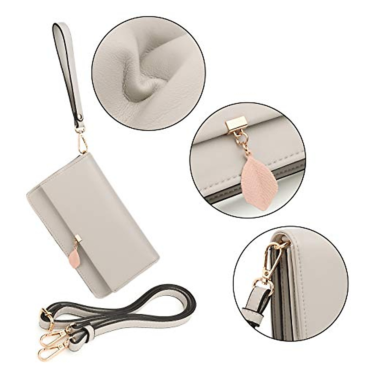 UTO Crossbody Bags for Women Leather Wallet with Wristlet Card Phone Checkbook Passport Organizer Ladies Clutch Purse Crossie Grey