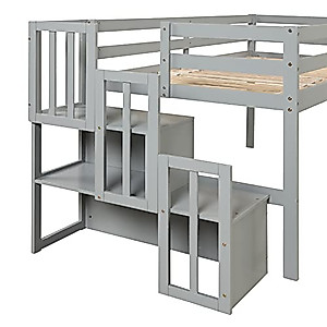 HomSof Loft Bed with Stairs and Storage,Gray