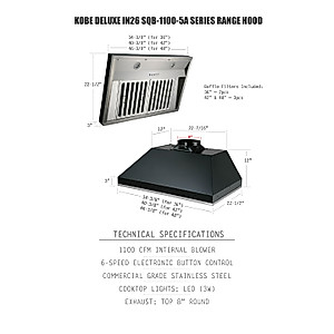 KOBE IN2648SQB-1100-5A Deluxe 48" Built-In/ Insert Range Hood, 6-Speed, 1100 CFM, LED Lights, Baffle Filters, Stainless steel