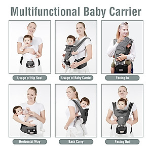 YIYUNBEBE Baby Carrier Newborns to Toddler 7-45 lbs All Seasons Foldable Baby Carriers Front and Back with Hip Seat Lumbar Support for Outdoor Hiking(Dark Grey)