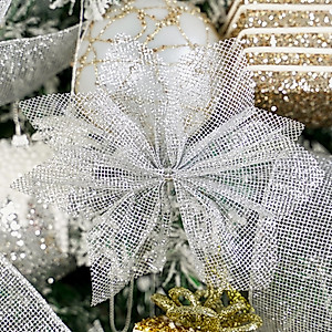 AIMUDI Silver Christmas Ribbon Wired 2.5 Inch Silver Wired Ribbon for Halloween Silver Glitter Mesh Wired Ribbon for Wreaths, Gift Wrapping, Thanksgiving, Holiday Crafts, Topper Bow - 25 Yards