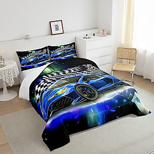 Feelyou Blue Racing Car Comforter Set Twin Size, Fast and Furious Extreme Sport Games Bedding Sets for Kids Boys Teens,Sports Car Bed in A Bag,Cool Modern Duvet Insert with 1 Pillowcase