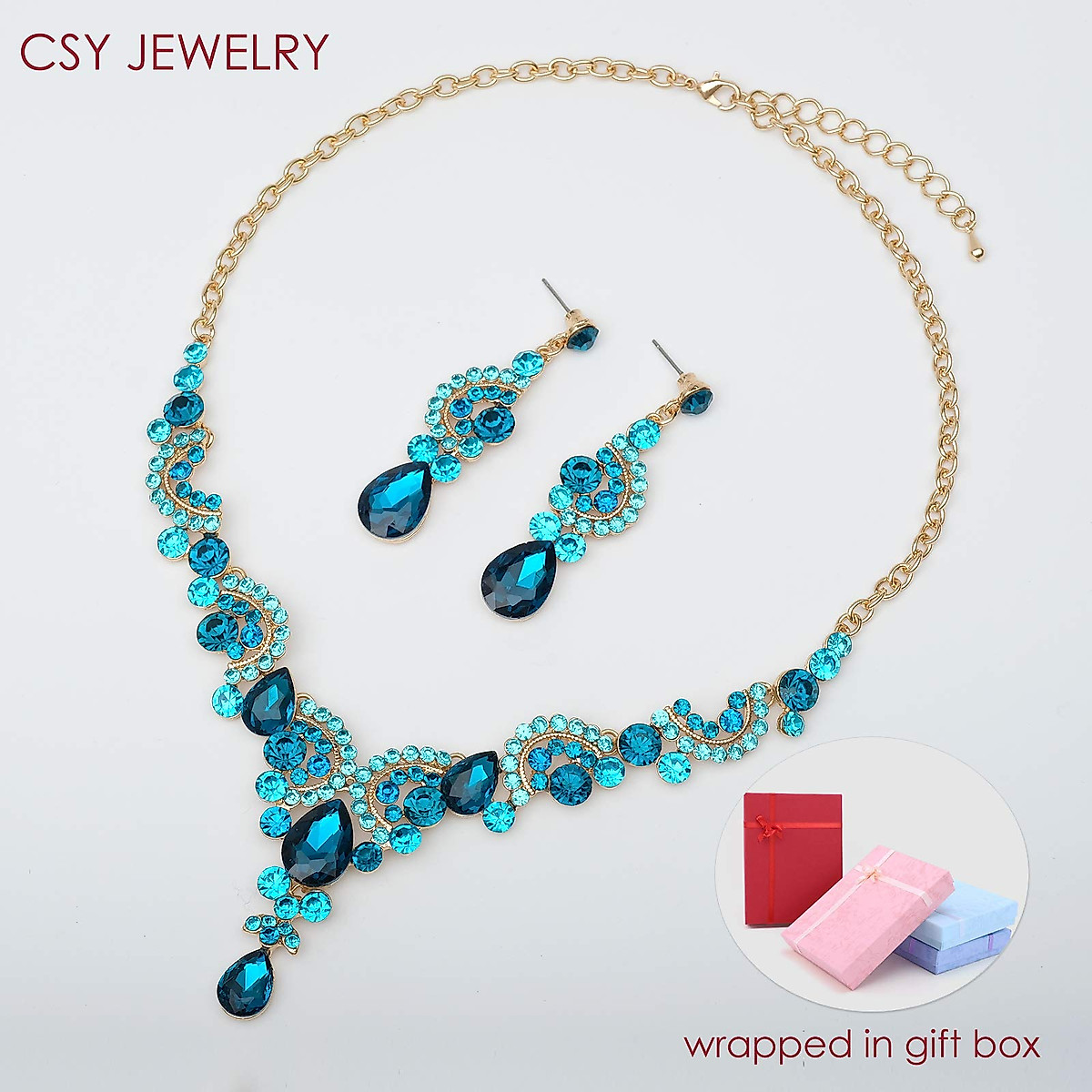 CSY 4 Pcs/Sets Elegant Crystal Necklace Earrings Bracelet Ring Bridal Wedding Costume Jewelry Sets for Brides Women Gifts (gold plated-aquamarine)